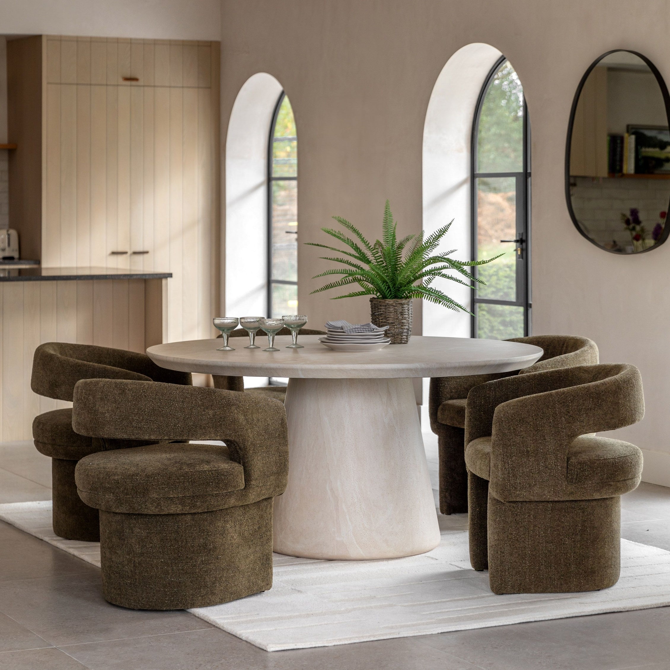 Arbor Round Dining Table – Travertine-Style Finish – Shropshire Design