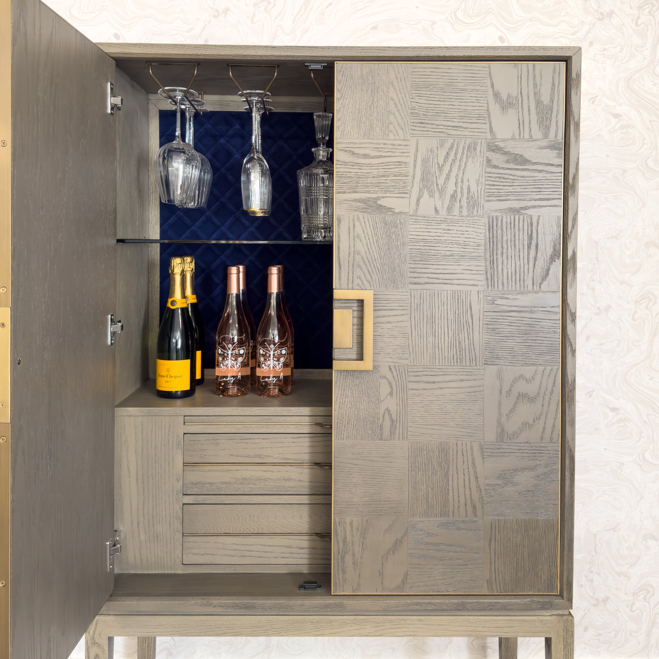Fernsby Squares Bar Cabinet with Oak and Brass – Shropshire Design