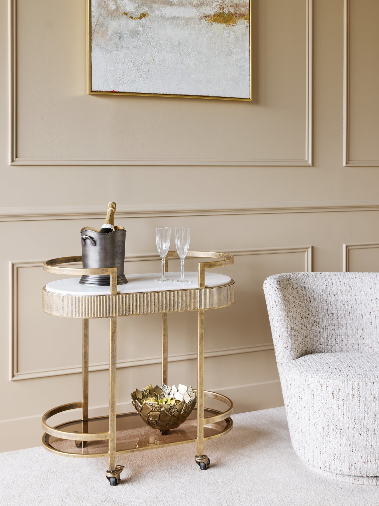 Libra Interiors Belvedere Drinks Trolley – Aged Gold – Shropshire Design