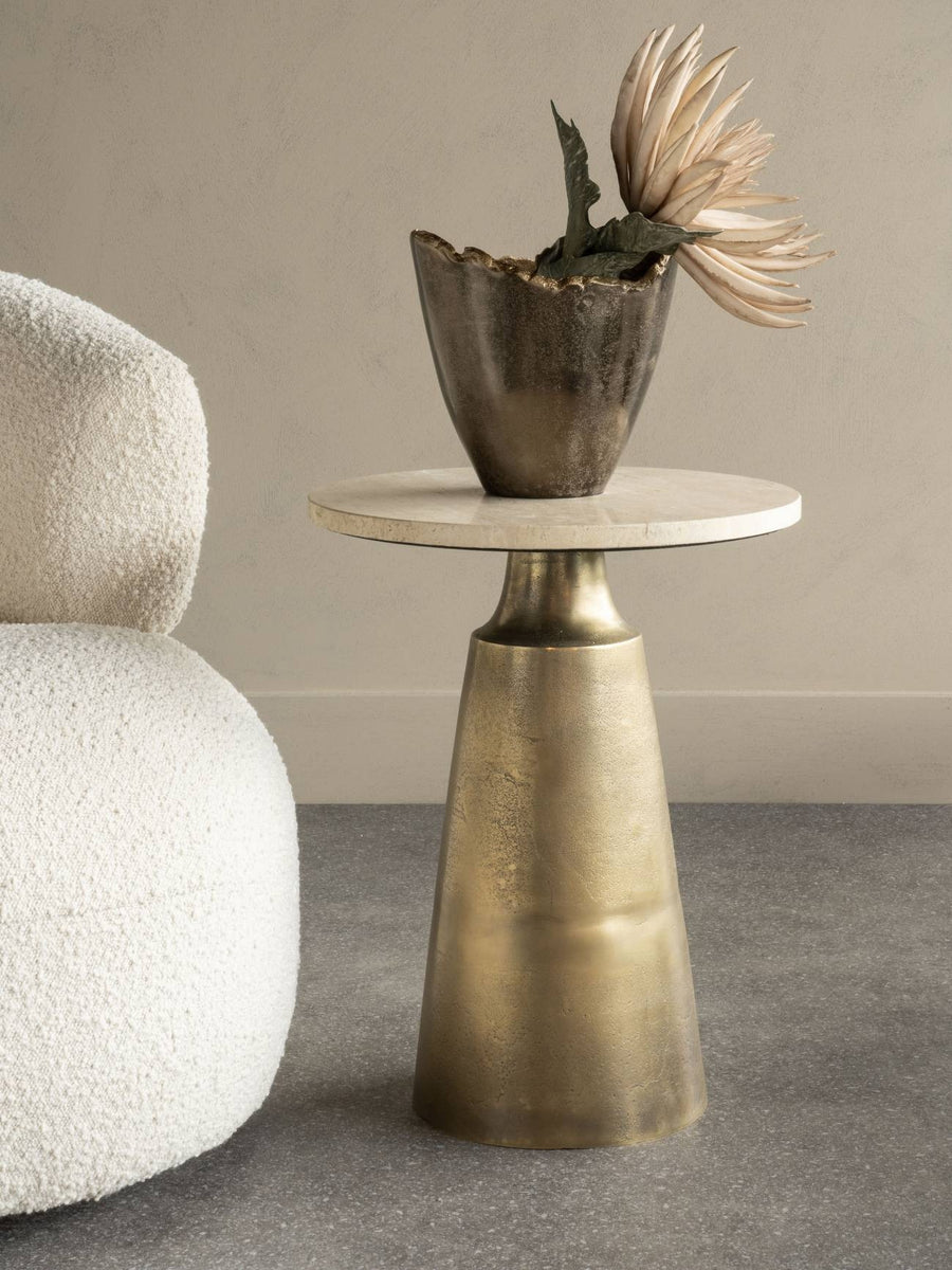 Libra Interiors Clifton II Side Table in Antique Brass and Travertine ...
