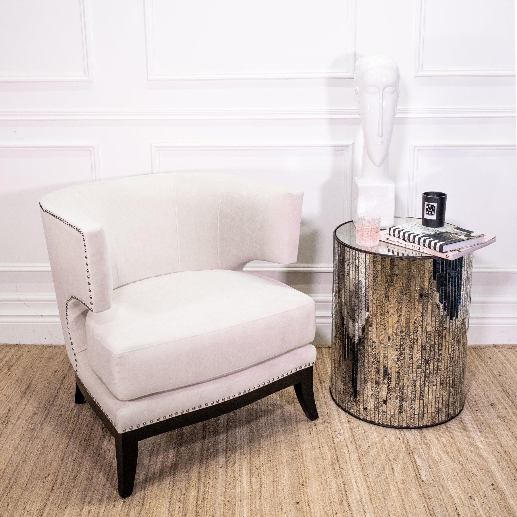 Modern Cream Velvet Studded Armchair – Shropshire Design